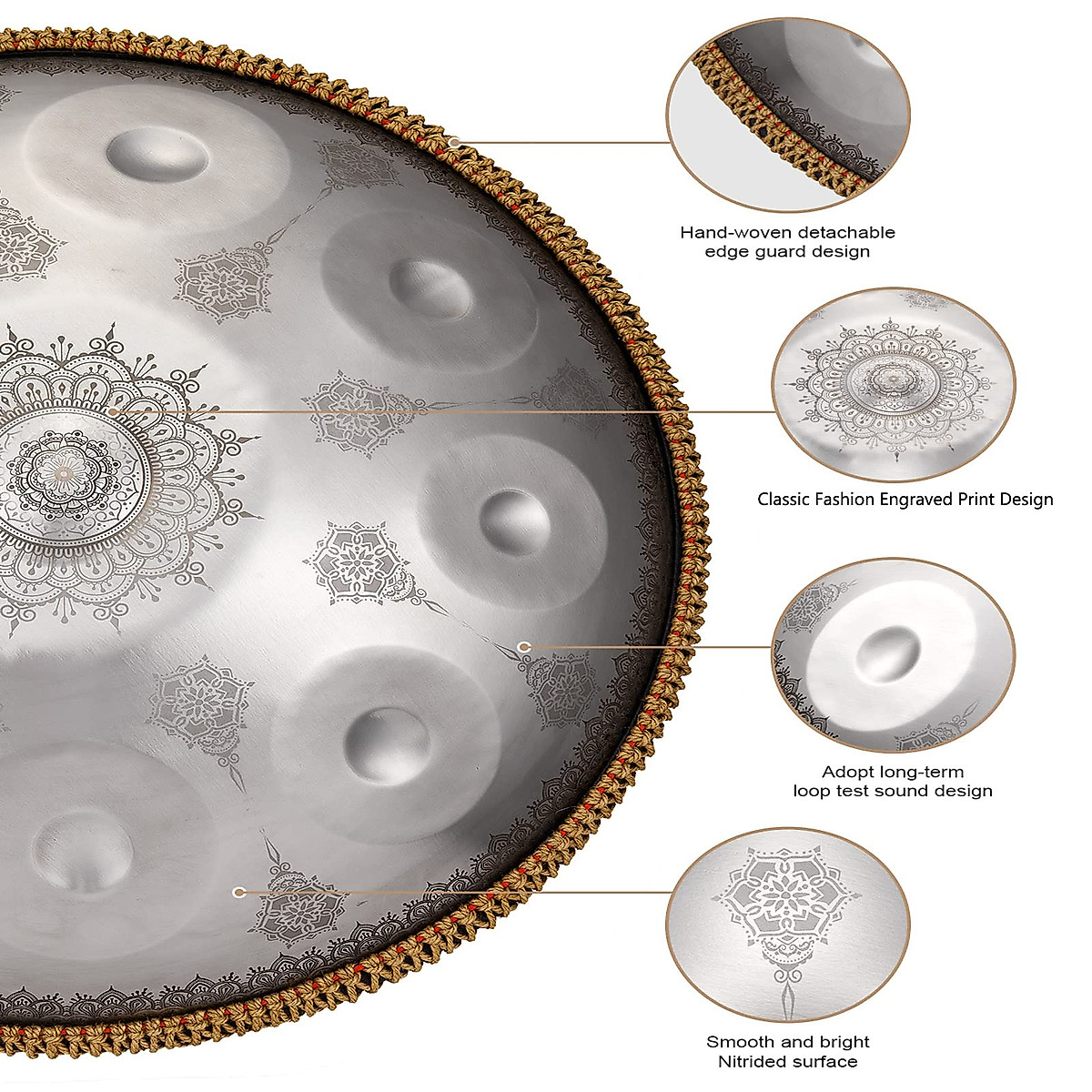 Handpan-Premium 432HZ 22 Inches 10 Notes D Minor Steel Hand Pan Drum Set,Silver Print Adults Handpan Drum