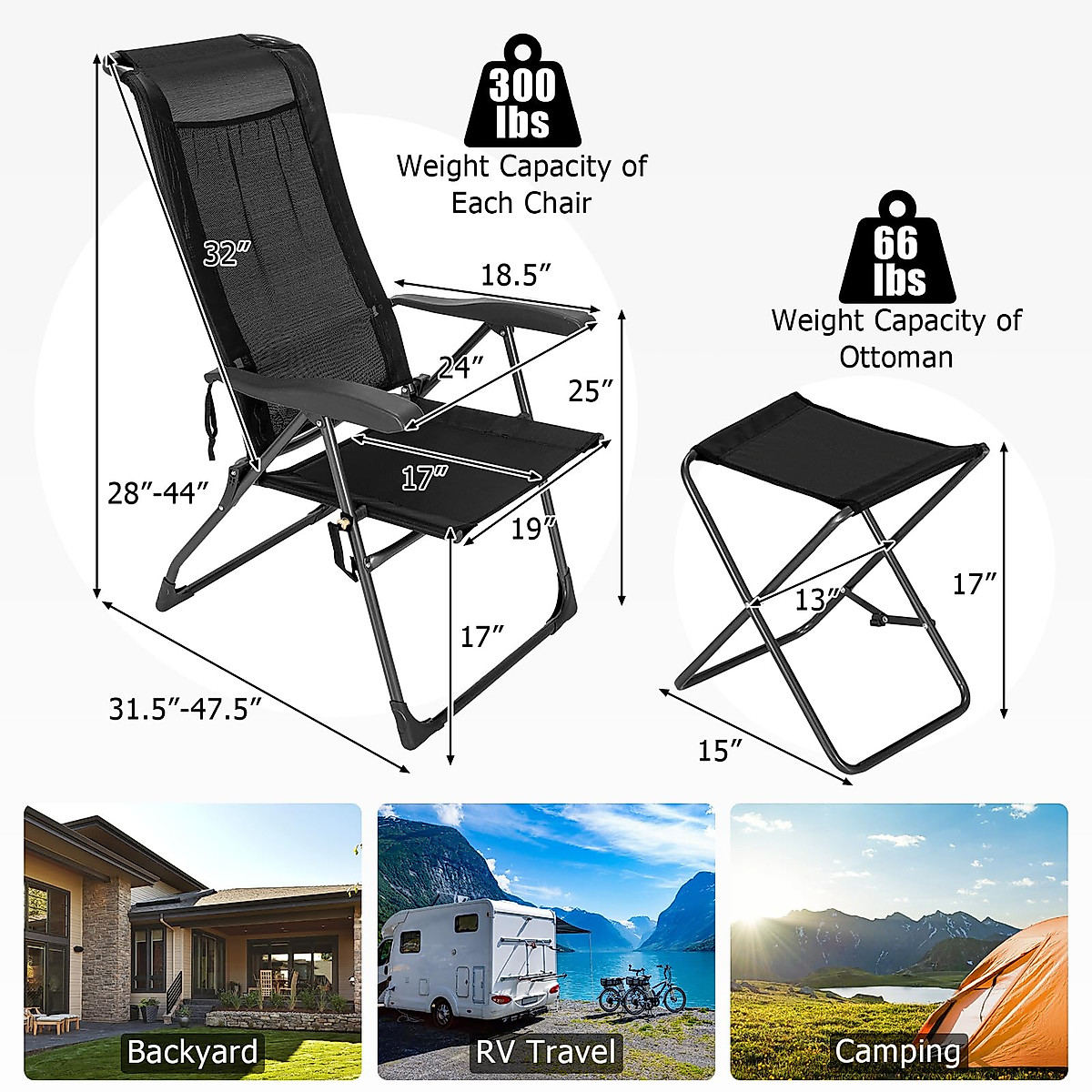 Tangkula Folding Patio Chairs, Set of 2 Outdoor Dining Chairs & Ottomans, Lawn Chairs with 7-Level Adjustable Backrest, Armrests, Mesh Pocket, Portable Lounge Chairs & Footrests for Backyard, Camping