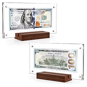 Dollar Bill Frame,Acrylic Currency Display Holder with Black Walnut Base Clear Paper Money Frame for Collectors Ticket Protector Photos Display Case,7.8 * 4.1inch（2PCS）