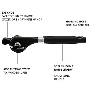 A + kitchen Manual Can Opener,Ergonomic Soft Grips Handle,Smooth Edge Safety Can Opener,Built in Food Grade Stainless Steel Can opener, A233c, Black, 8.7 x 2.4 x 1.6 inches