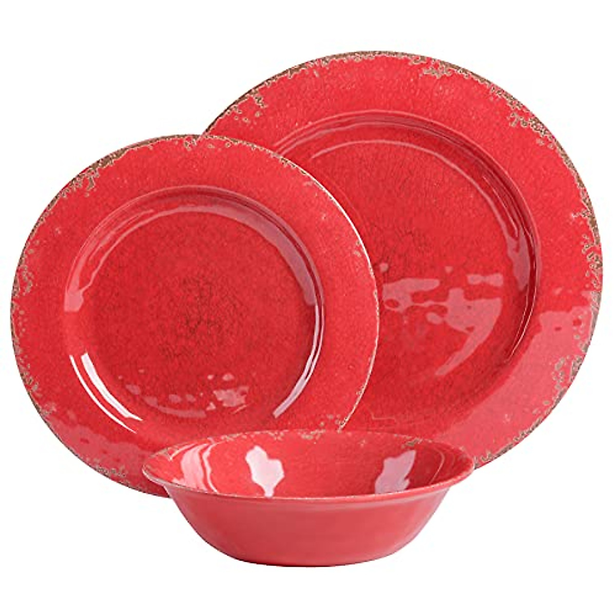 Gibson Home Mauna Melamine Plastic Dinnerware Set, Service for 4 (12pcs), Red Rustic