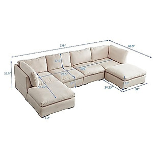YUNLife&Home Free Combination Modular Sectional Sofa with Reversible Chaise,Down Filled Upholstered U-Shaped 6-Seat Corner Couch w/Moveable Ottoman,Comfy Oversized Sofá for Living Room