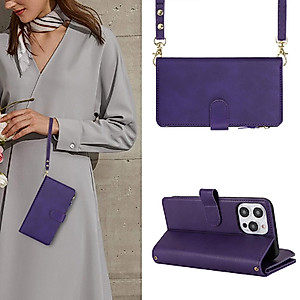 Jaorty Crossbody Case for iPhone 15 Pro Max, Purple with Strap Lanyard, Magnetic Flip Leather Wallet Case for Women, 6.7"