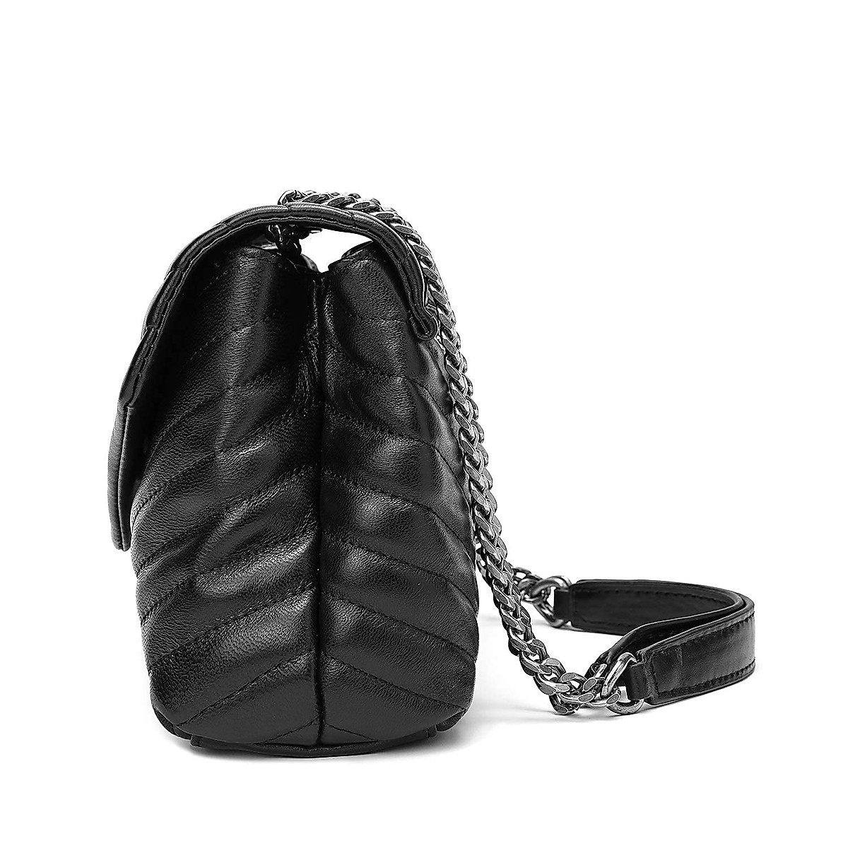 EvaLuLu Leather Quilted Chain Shoulder Bag Designer Women Flap Handbags (Medium, Black)
