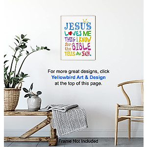 Religious Christian Kids Room Decor for Girls, Boys, Toddler Bedroom - Cute Baby Shower Gift - Jesus Loves Me Bible Verse Wall Art Print - 8x10 Poster Picture