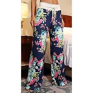 X-Image Women's Floral Printed High Waist Drawstring Wide Leg Palazzo Lounge Pants S-XXL Blue 4, X-Large