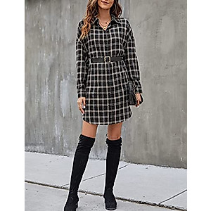 HangNiFang Long Flannel Shirts for Women Button Down Plaid Shirts Dresses Pocketed(0652-Black-XL)