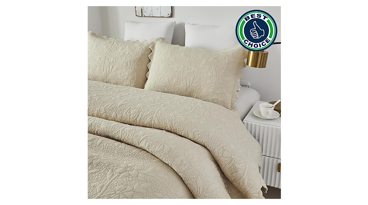 Brandream Beige Quilts: Luxury 3-Piece Bedding Set