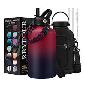 64 OZ Insulated Water Bottles with Straw - Waterbottle Carrier with Strap, Protective Boot & Paracord Handle, Stainless Steel Water Flask Canteen