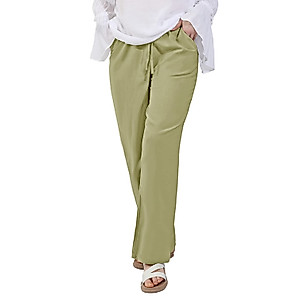 utcoco Women's Cotton Linen Drawstring High Waisted Pants Casual Loose Fit Wide Leg Trousers (XL, Green)