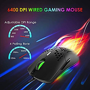 RGB Gaming Keyboard and Mouse Combo, 87 Keys USB Wired Rainbow Keyboard and Lightweight Gaming Mouse, 6400 DPI Adjustable, 6 Programmed Buttons, for Laptop PC Computer Game and Work