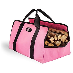 Firewood Tote Bag - Oxford Fabric Log Carrier with Handles & Heavy Duty Straps - Large Durable Wood Holder with Wide Opening - Wood Stove & Fireplace Accessories - 21 x 13 x 12 Inch, Pink