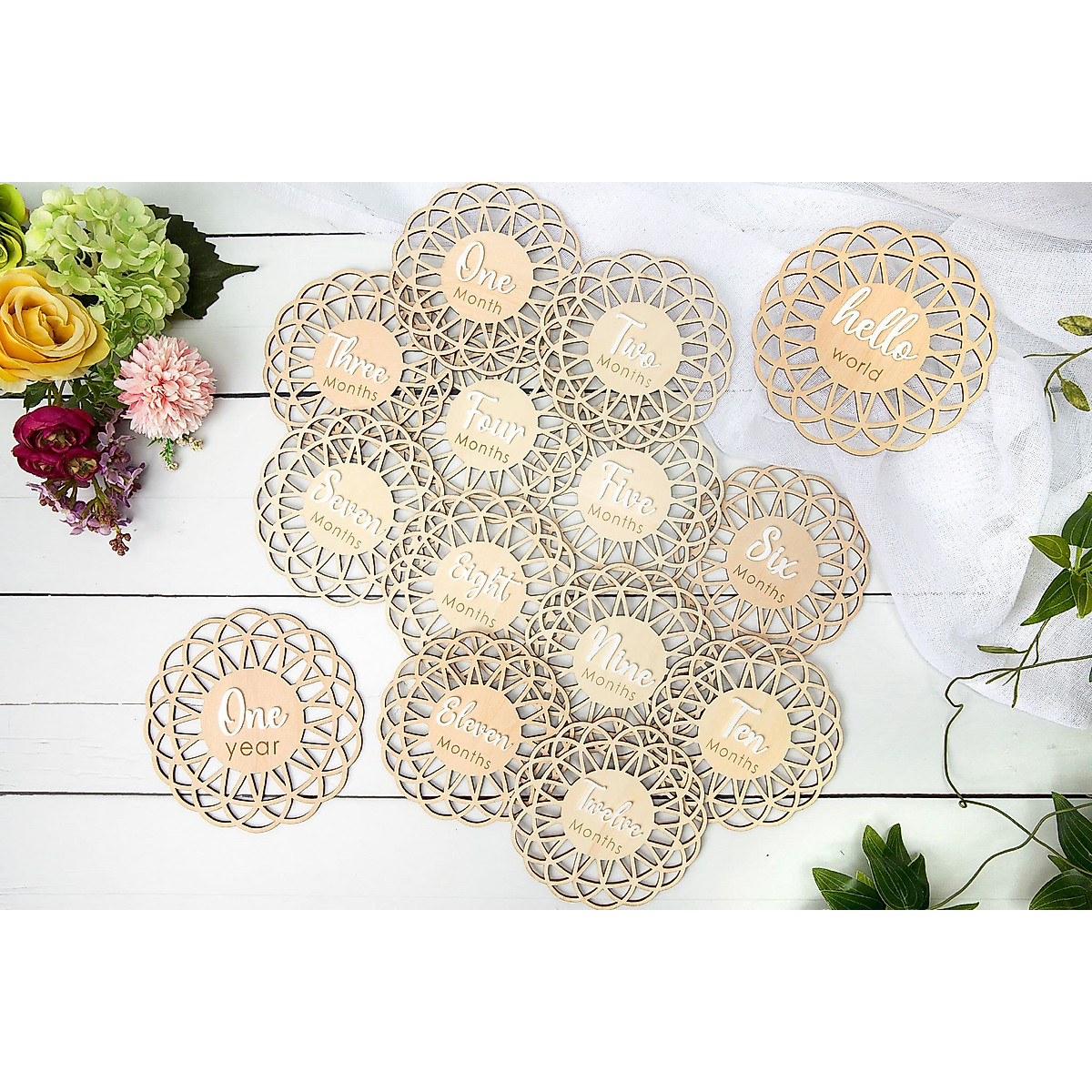 Baby Monthly Milestone Wooden Cards | First Year | Hello World | Photo Prop | Cutout Geometric Acrylic Boho Baby Gift Months 1-12 Hello World