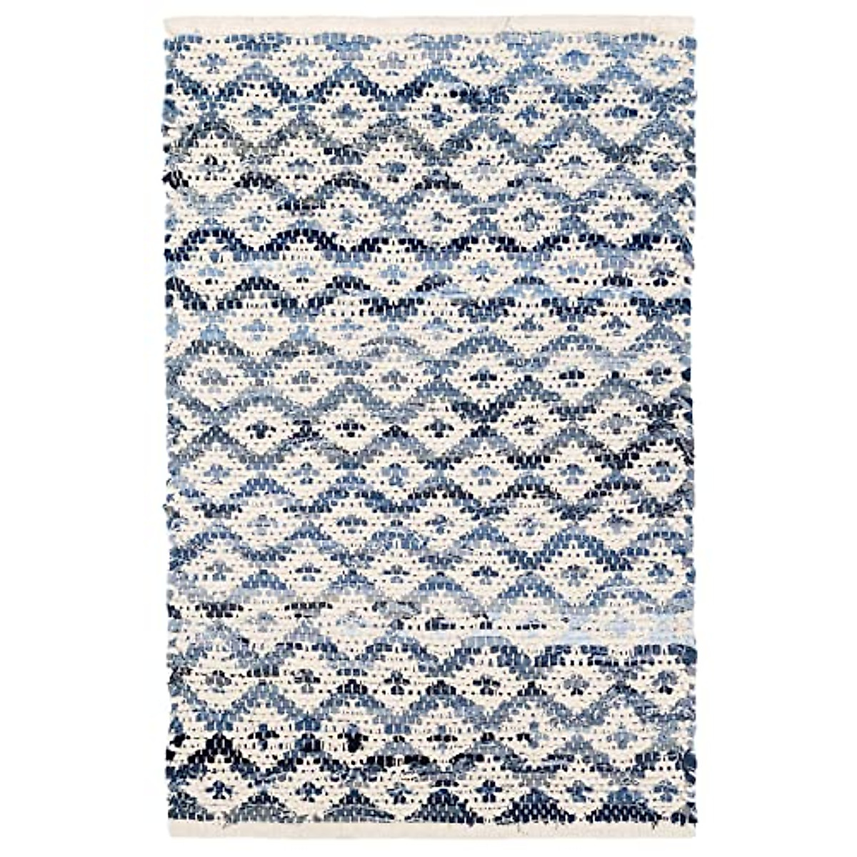 Dash and Albert Denim Rag Diamond Ivory Handwoven Cotton Rug, 3 X 5 Feet, Blue Geometric Pattern