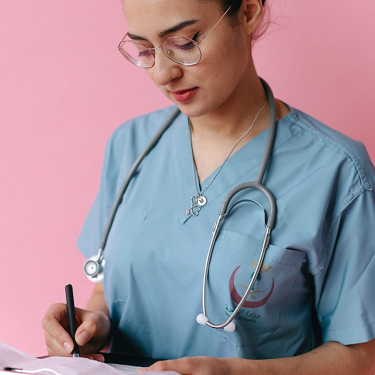 Nurse Gifts for Women, S925 Sterling Silver Initial Stethoscope Necklace for Nurse Medical Assistant RN Gifts for Nurses Week Gifts Nurse Graduation Gift for Medical Students Necklaces for Doctor (M)