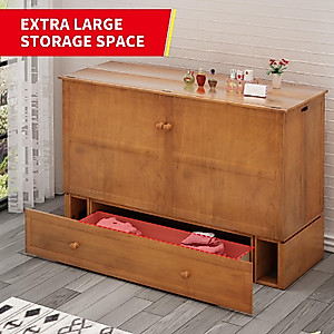 MUZZ Queen Size Cabinet Murphy Bed, Murphy Bed with Foldable Foam Mattress, Space-Saving Cube Murphy Bed with Charging Station and Large Storage Drawer (Cherry)