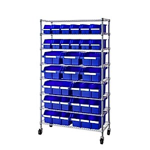Heavy Duty Commercial Steel Wire Bin Storage Rack, Mobile, 24 Bins (Blue, 1 Pack)