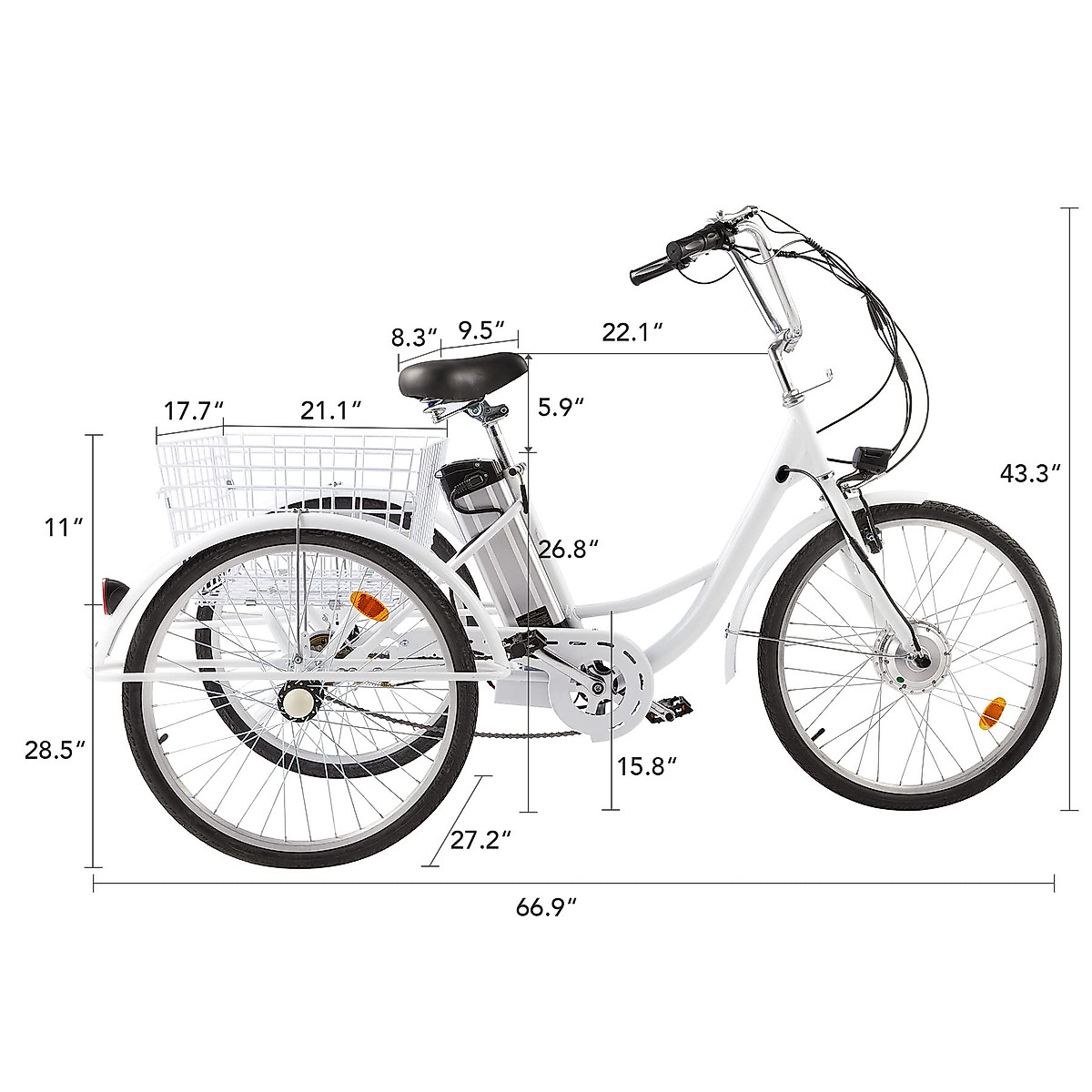 Viribus 24" 26" 3 Wheel Electric Bike for Senior, 250w Adults Electric Tricycle Trike, Three Wheel Ebike E Bicycle with Removable 36V 10Ah Lithium Battery, Motorized Trike with Basket for Women Men