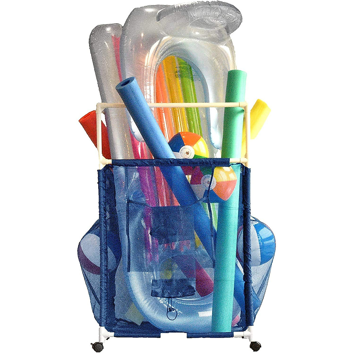 Essentially Yours Rolling Pool Noodle Storage Organizer Bin, Standard Noodle Holder, (25.4" W x 26" L x 40.5" H), Blue/White Style 510643