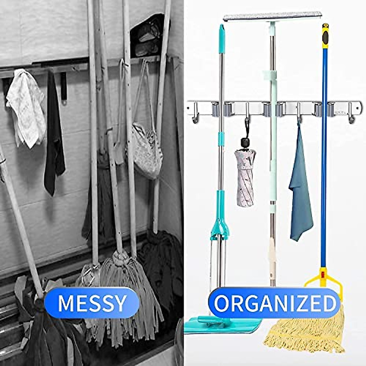 2 Packs Broom and Mop Holder Wall Mounted Garage Organizer Storage Tool Racks Heavy Duty Stainless Steel Mop Holder 4 Hooks 3 Clips, Holds up to 14 Tools for Laundry Room Garden Garage Closet Kitchen