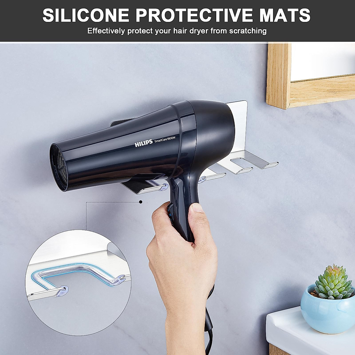 YAYINLI Hair Dryer Holder - Hair Tool Storage Organizer Wall Mount, Stainless Steel Hair Blow Dryer Holder Organizer, Hot Tools Holder, Adhesive Hairdryer Holder Bathroom, Silver Hair Dryer Hanger