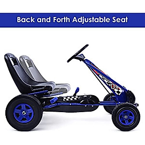 HOMGX Pedal Go Kart, Outdoor Kids Off-Road Pedal Go Kart with 2-Position Adjustable Bucket Seat, 4 Steering Wheel, 2 Safety Brakes, EVA Rubber Tires, Pedal Powered Ride On Kart for Boys, Girls (Blue)