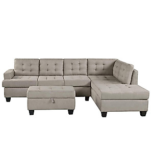 3 Piece Sectional Sofa, L-Shaped Sofa Couch, Living Room Rivet Modern Upholstered Set with Ottoman and Cushions (Gray with Chaise)