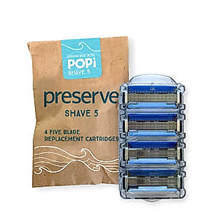 Preserve POPi Shave 5 Razor System Made with recycled Ocean Plastic, Neptune Green and Preserve POPi Shave 5 Replacement Cartridges for Preserve POPi Shave 5 Razor (4 Count) Bundle