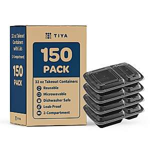 TIYA Takeout Food Containers - 32 oz Bulk 150 Pack with Lids - Plastic Compartment Storage To-Go Boxes - Reusable, Microwavable, Dishwasher Safe - Leak Proof for Restaurants and Meal Prep