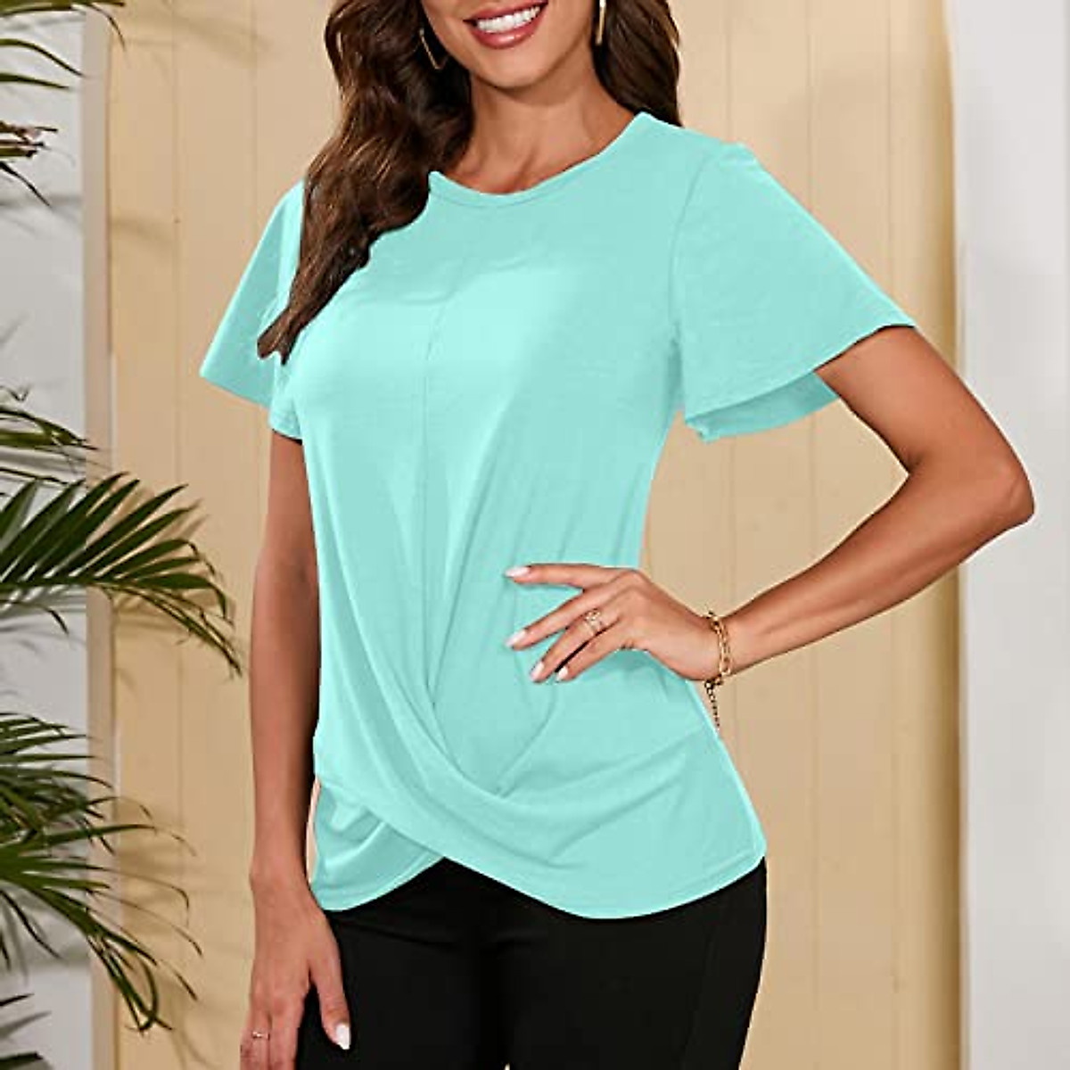 DUOWEI European and American Women's Independent Station Round Neck Solid Color Knotted Short Sleeve T Shirt Green