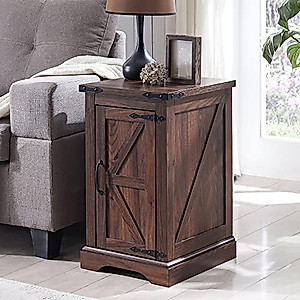 JXQTLINGMU Nightstand with Charging Station, Rectangular Farmhouse End Table with Barn Door and Adjustable Storage Shelf, 17" Deep Wood Rustic Sofa Side Table for Living Room, Bedroom, Brown