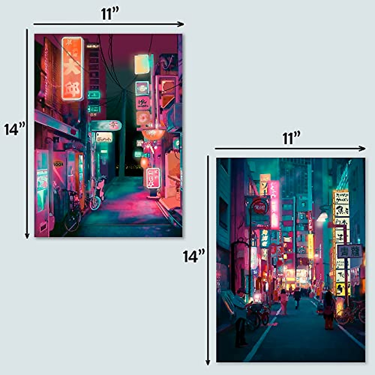 KOSHENIA Anime Poster Japanese Wall Art Set of 2 - Japan Print on Canvas Roll - Tokyo Neon Night City Scene Wall Decor Gift - Preppy Poster for Room Aesthetic UNFRAMED 11x14