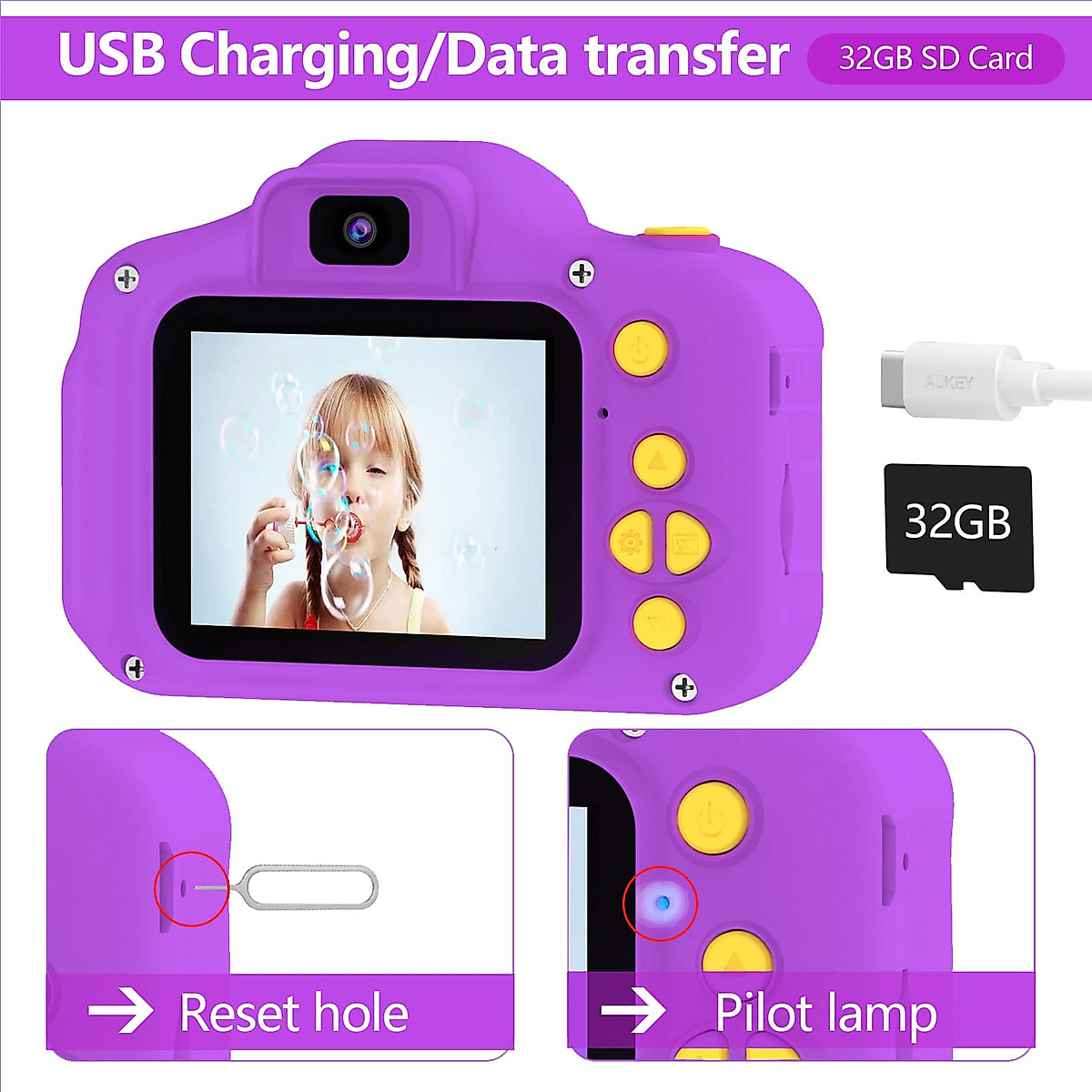 Kids Camera for Boys Girls - 2 Inch IPS Children Camera for Kids 1080P Video Camcorder Toddler Camera Birthday Gifts for 3 4 5 6 7 8 9 Year Old Girls Boys with SD Card (Purple)