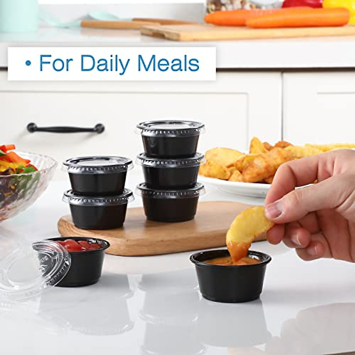 [130 Sets - 2 Oz ] Black Plastic Portion Cups, Jello Shot Cups, Small Plastic Containers with Lids, Airtight Salad Dressing Container, Dipping Sauce Cups, Condiment Cups for Lunch, Party to Go, Trips