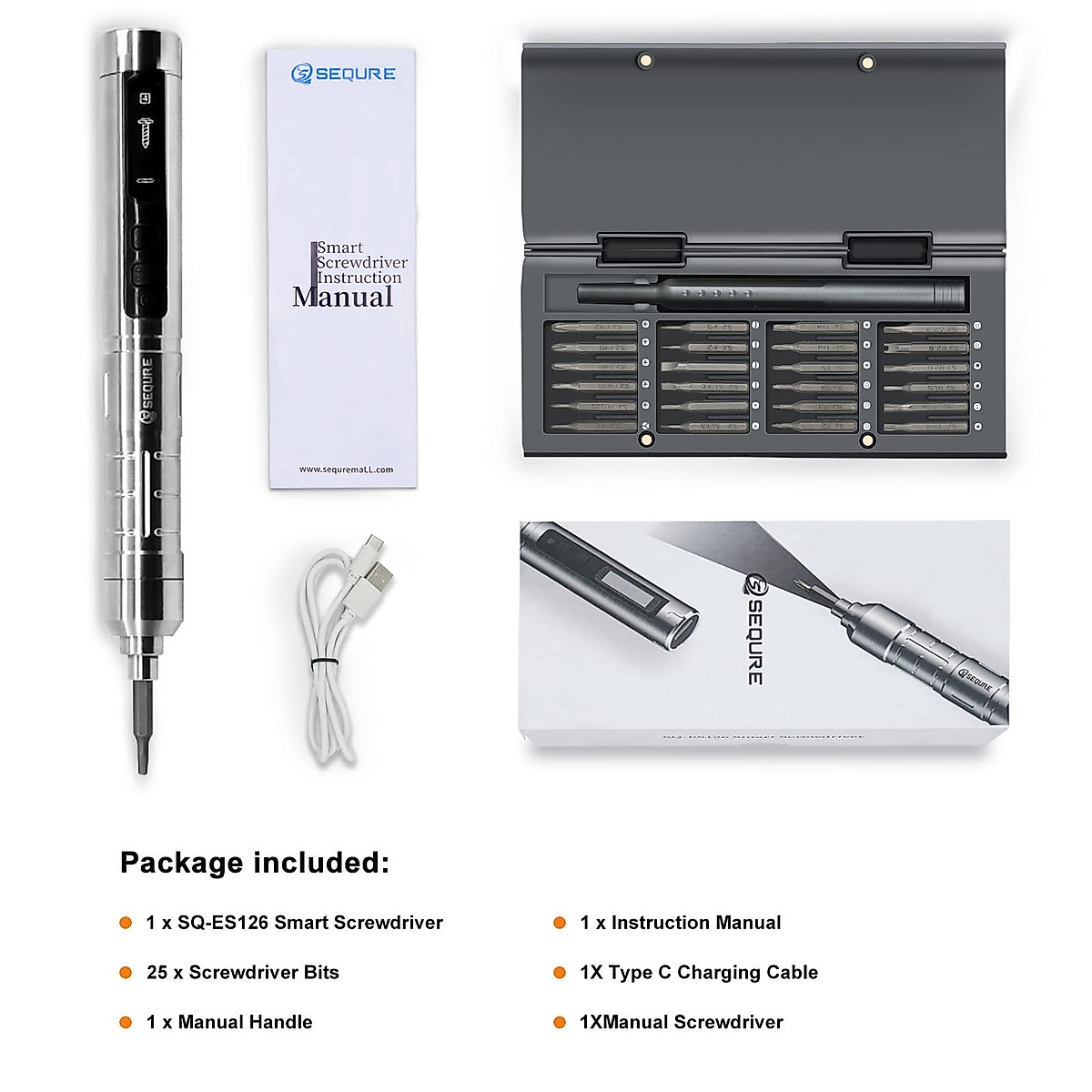 SEQURE ES126 Electric Screwdriver Portable Cordless Screwdriver Set with 25 Magnetic Bits, OLED & LED, Motion Control, 4 Gears Torque Rechargeable Electronic Repair Tool Set for PC Watch Camera