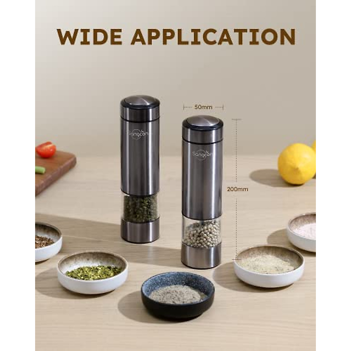 Sangcon Electric Salt and Pepper Grinder Set - USB Rechargeable - Automatic Black Pepper & Sea Salt Spice Mill - Adjustable Coarseness - One Hand Operation - LED Light Refillable - Metallic Gunmetal