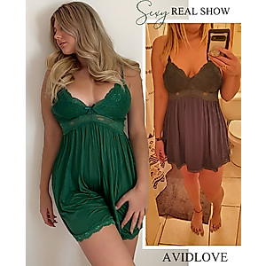 Avidlove Women Lace Lingerie Sleepwear Chemises V-Neck Full Slip Babydoll Nightgown Dress (Dark Green, L)