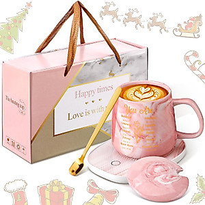 Nitial Christian Gifts Bible Verse Coffee Warmer with Mug Set for Women Pink Marble Mug Warming Plate Birthday Gift Christmas Gifts Graduation Gifts for Coworker Volunteer Teacher