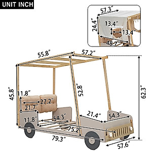 Bellemave Full Size Race Car Bed with LED Light and Ceiling Cloth, Wood Low Platform Bed Frame with Tufted Headboard and Support Slats for Kids Boys Girls Teens, Natural