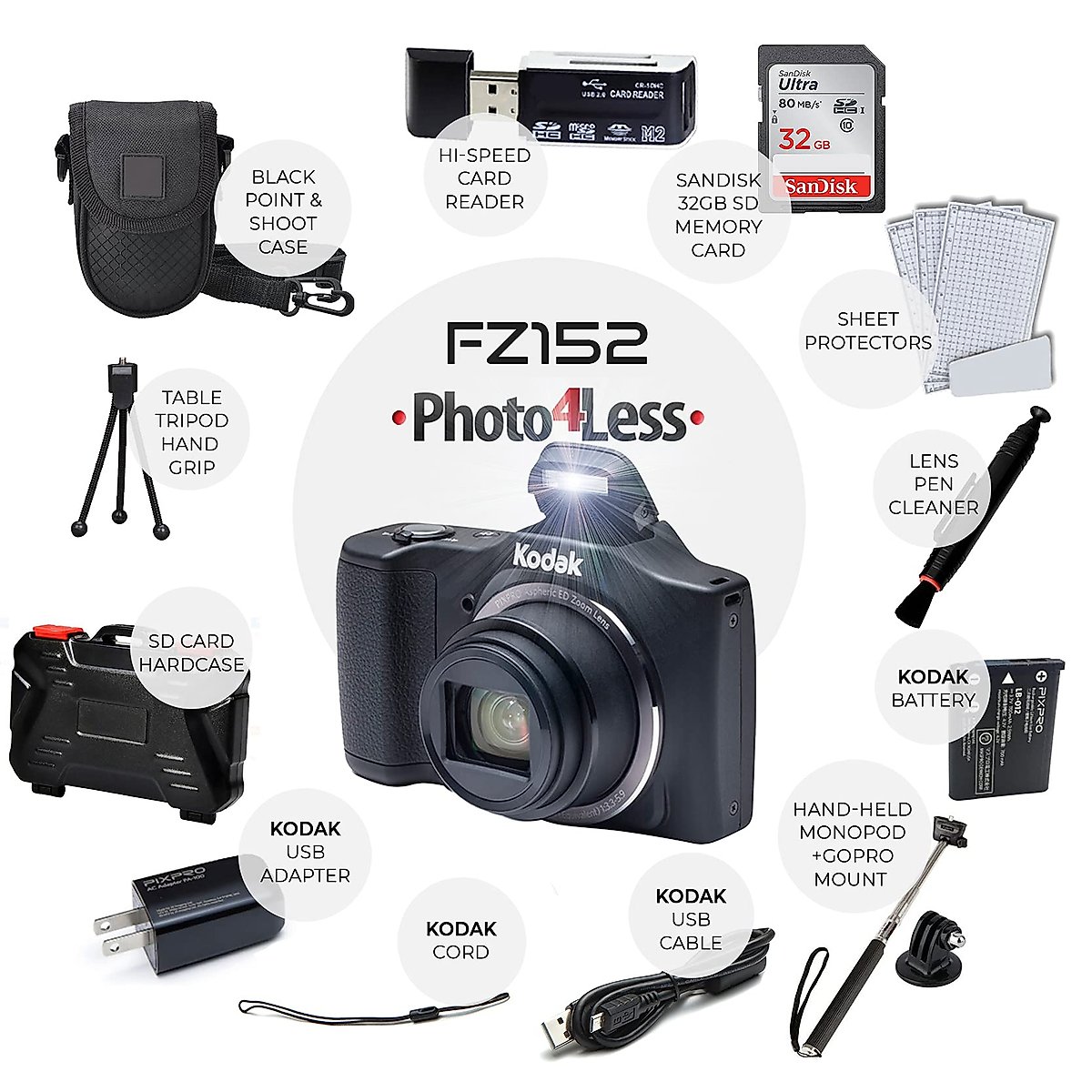 Kodak PIXPRO FZ152 Digital Camera + 32GB Memory Card + Point and Shoot Camera Case + Extendable Monopod + Lens Cleaning Pen + LCD Screen Protectors + Table Top Tripod – Ultimate Bundle