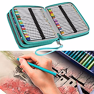 BTSKY Colored Pencil Case Holder- Big Capacity Deluxe PU Leather Storage Pencil Organizer Holds 160 Pencils with Handle Strap for School College Office Watercolor Pencils Organization(Green)