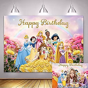 Betta Princess Happy Birthday Backdrop Colorful Rainbow Flowers Photo Backdrop Cartoon Fairy Tale Little Girl Princess Birthday Party Background Multicolor Glitter Photography Background 7x5ft