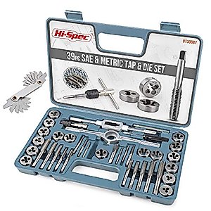 Hi-Spec 39 Piece SAE & Metric Tap & Die Set. Complete M3 to M12 / #4 to 1/2in Fine & Coarse Tools to Cut, Chase and Thread with Screw Pitch Gauge in a Tray Case