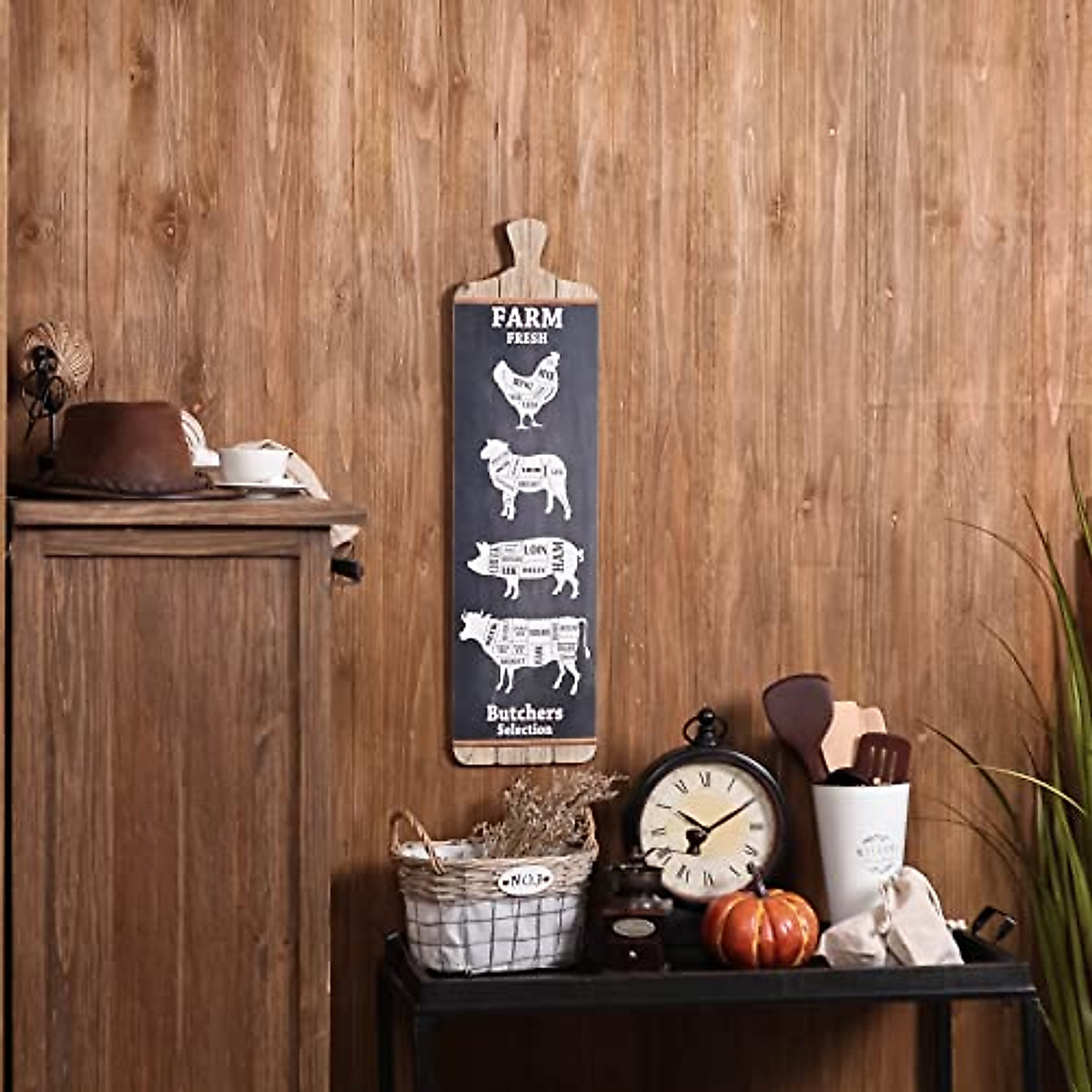 NIKKY HOME Farmhouse Wall Decor Farm Fresh Butcher Shop Meat Cuts Prints Butchers Selection Chart Guide Diagram Beef Pork Chicken Cuts Restaurant Plaque Sign