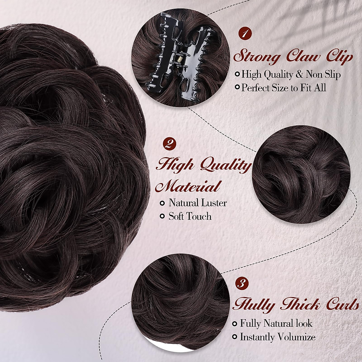 DeeThens Messy Bun Hair Piece Tousled Updo Hairpiece for Women Wavy Curly Scrunchies Clip in Claw Hair Bun Synthetic Chignon Claw Clip With Hair Attached (Darkest Brown)