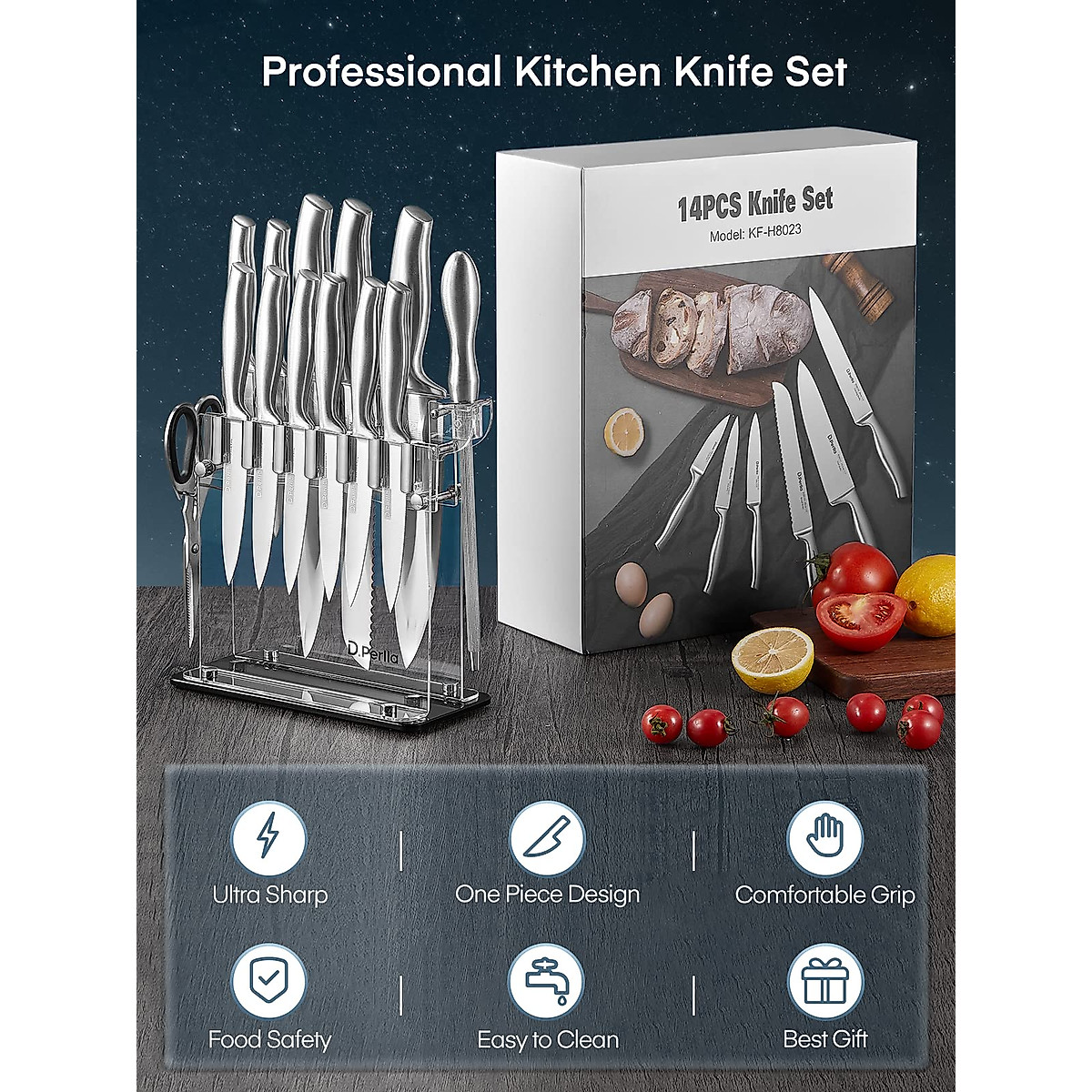 D.Perlla Knife Set, 14 Pieces Kitchen Knife Set with Clear Acrylic Knife Holder, Stainless Steel Super Sharp Chef Knife with Hollow Handle in One Piece Design
