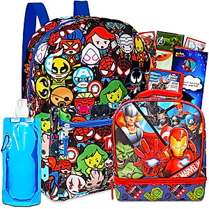 Avengers Backpack with Lunch Bag - Bundle with 16” Avengers Backpack for Boys 8-12, Avengers Lunch Box, Water Pouch, Avengers Stickers, More | Marvel Avengers Backpack with Lunch Box