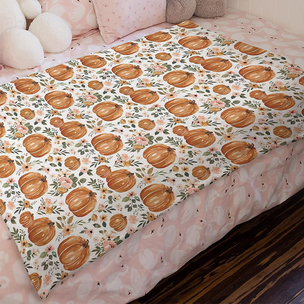 HawSkgFub Fall Thanksgiving Pumpkins Floral Baby Blanket Girls Gift, Boho Autumn Holiday Flower Flannel Fleece Nursery Bed Receiving Blankets, Soft Newborn Toddler Infant Kids Crib Bedding 30 x 40
