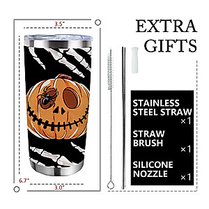 Zzkol Halloween Jack O Lantern Pumpkin Tumbler with Lid and Straw, Spooky Skull Skeleton Spider Stainless Steel Travel Coffee Cup, 20oz Gothic Holiday Double Wall Vacuum Insulated Mug Halloween Gifts