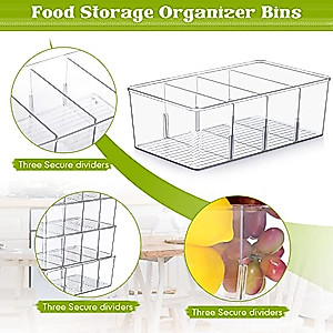 12 Pcs Food Storage Organizer Bins Acrylic Snack Organizer for Pantry Clear Bins with 3 Removable Dividers Refrigerator Organizer Bins Stackable Storage Bins Containers for Kitchen Fridge Cabinet